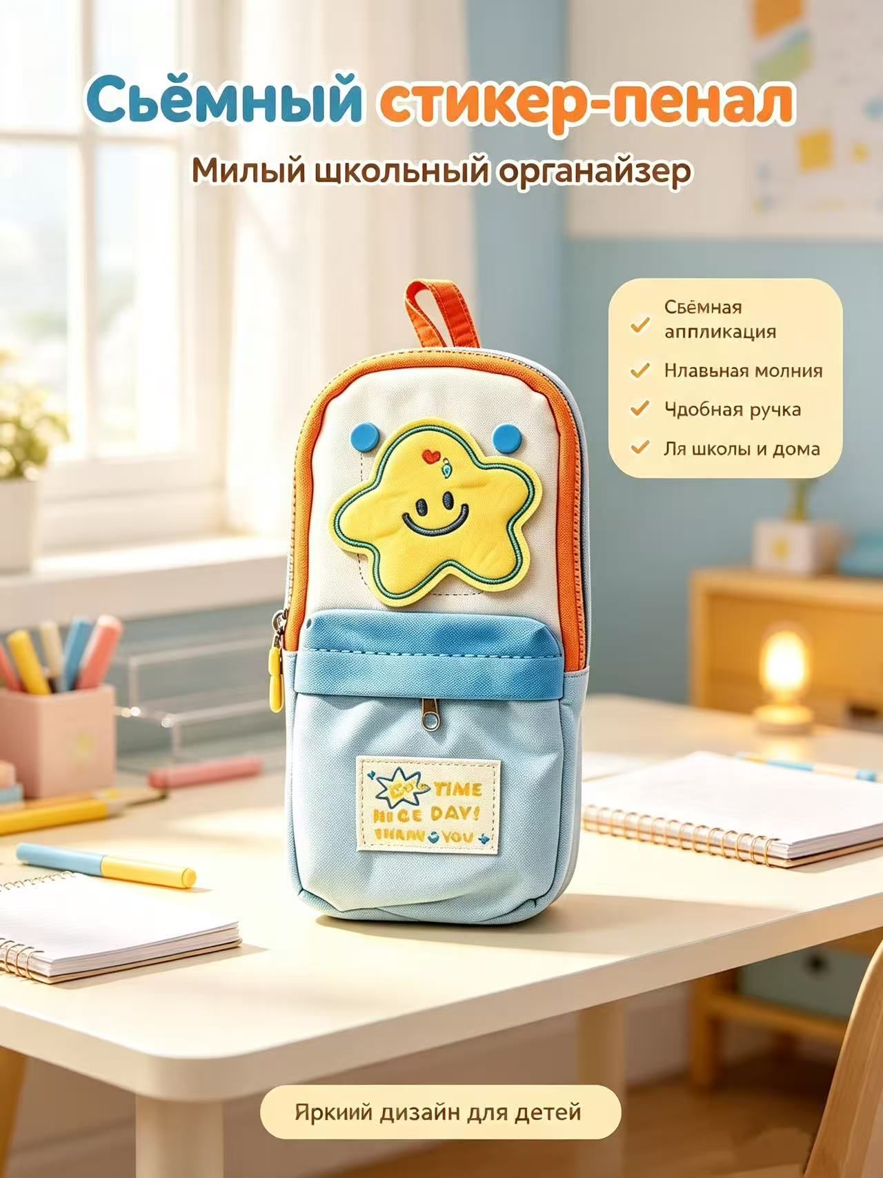 Вертикальный пенал‑рюкзак с магнитными наклейками, яркий вместительный для школы