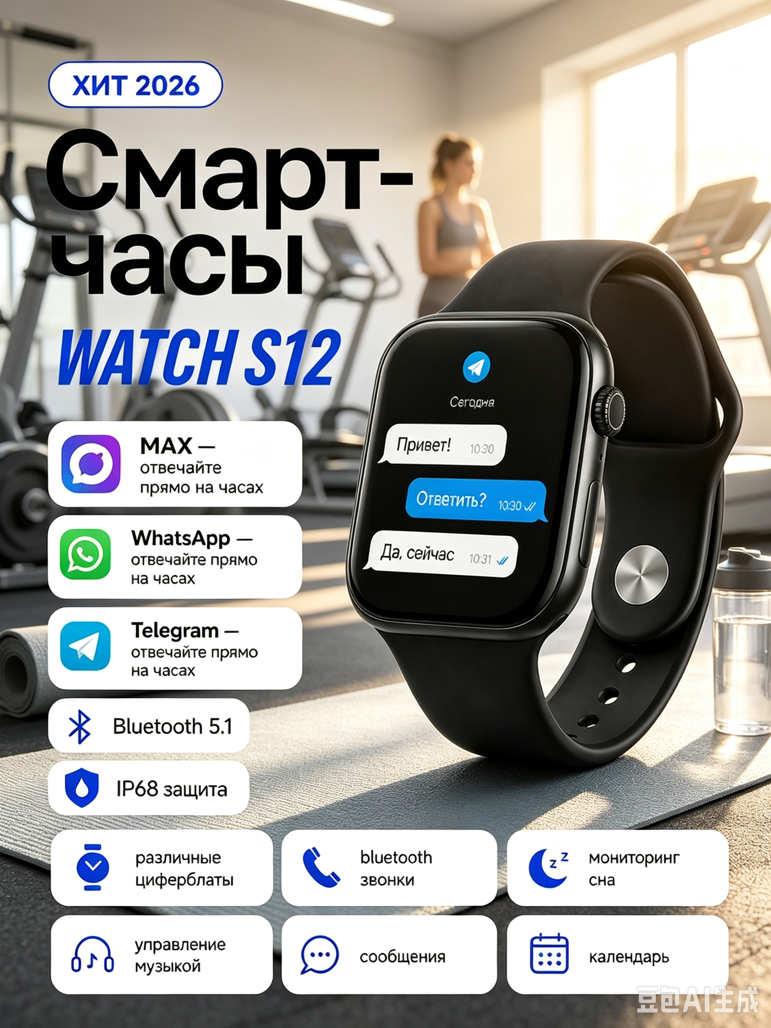 Умные часы WATCH S12 ответ на сообщения (WhatsApp/Telegram/MAX), беспроводная зарядка смарт-часы