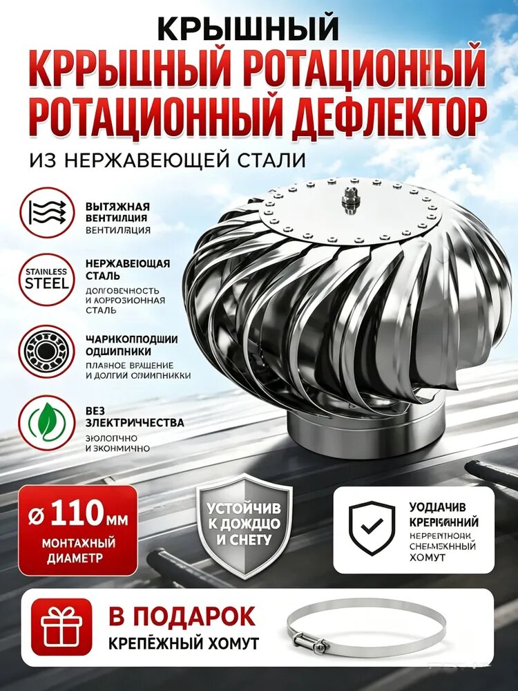 Турбодефлектор нержавеющая сталь, дефлектор для вентиляции, вентилятор для дымохода на крыше, внутренний диаметр 110 мм