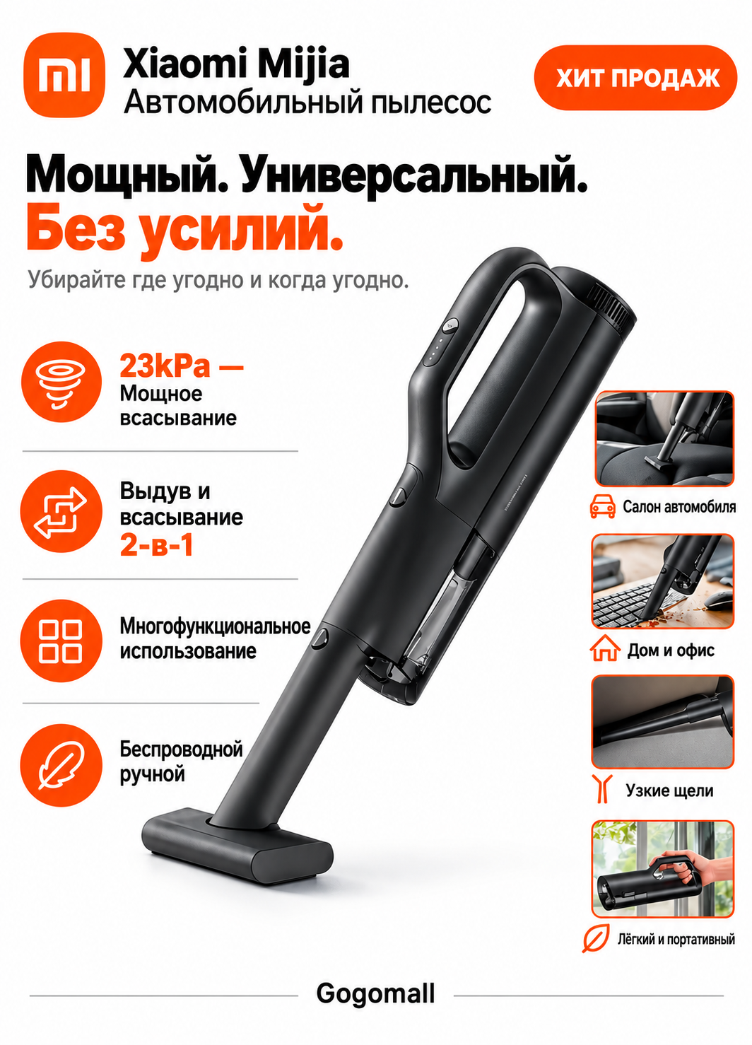 Портативный пылесос Xiaomi Mijia Car Vacuum Cleaner MJXCQ01QW, черный, версия CN