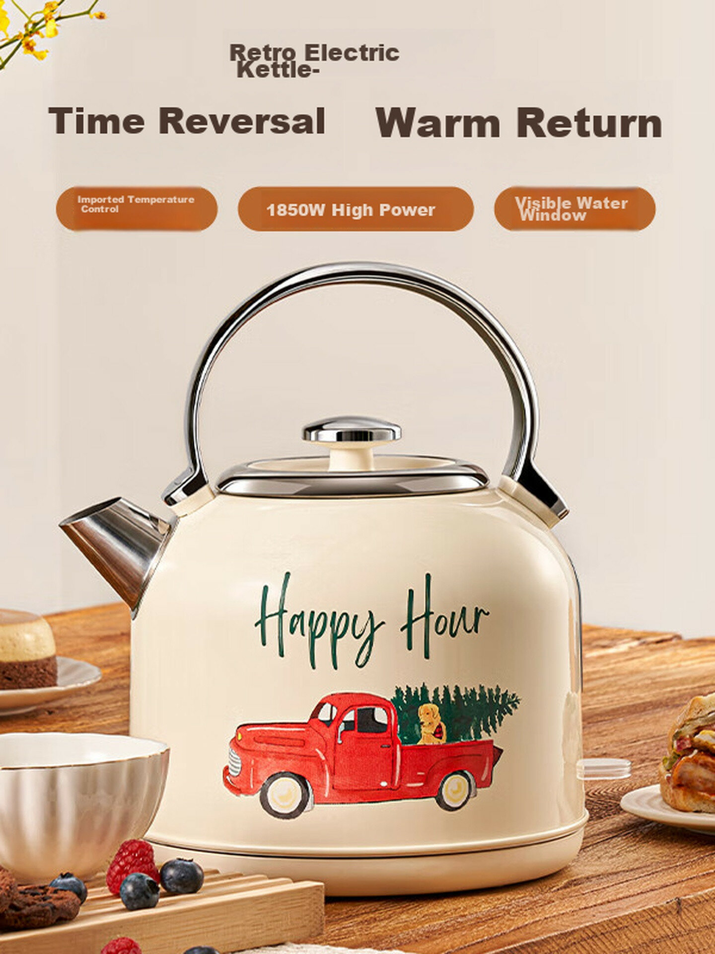 Zoomland Electric Kettle, Retro-Style Kettle for Home Use, Automatic Shut-Off, 304 Stainless Steel, 1.7L Large Capacity