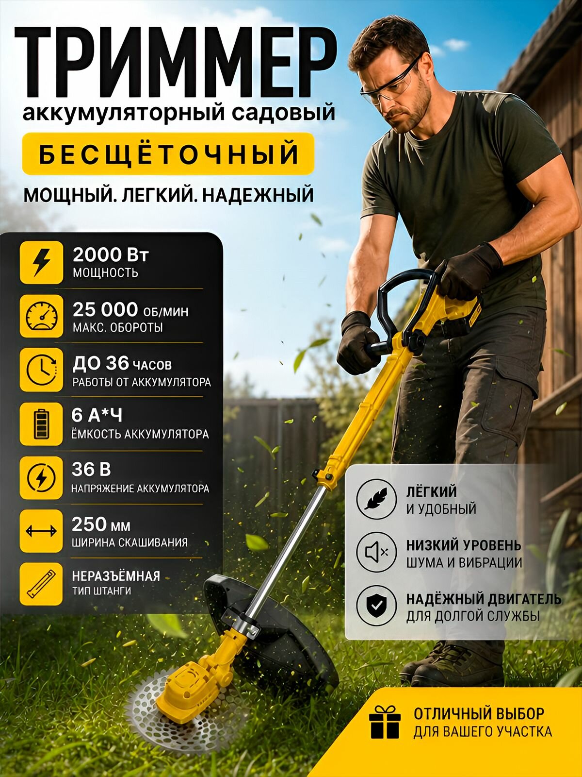 Триммер аккумуляторный садовый, бесщёточный