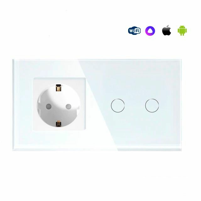 Сенсорный выключатель WiFi 1 розетка 2 клавиши 2 поста (1EU+2G) стекло 157х86мм цвет белый