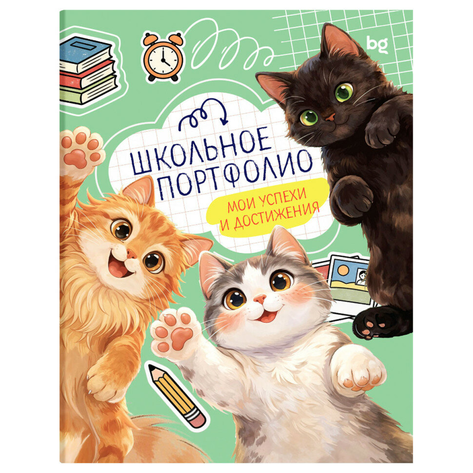 Папка-портфолио 7БЦ А4 BG, на 4 кольцах для школьника "Котята-школьники", 20 файлов, 10 вкладышей, 391687
