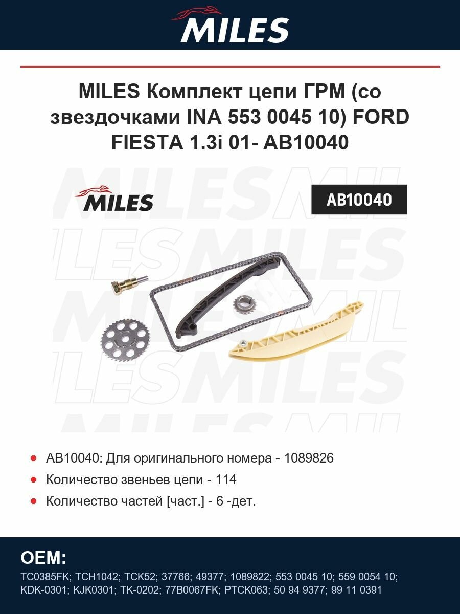 MILES Комплект цепи ГРМ (co звездочками INA 553 0045 10) FORD FIESTA 1.3i 01- AB10040