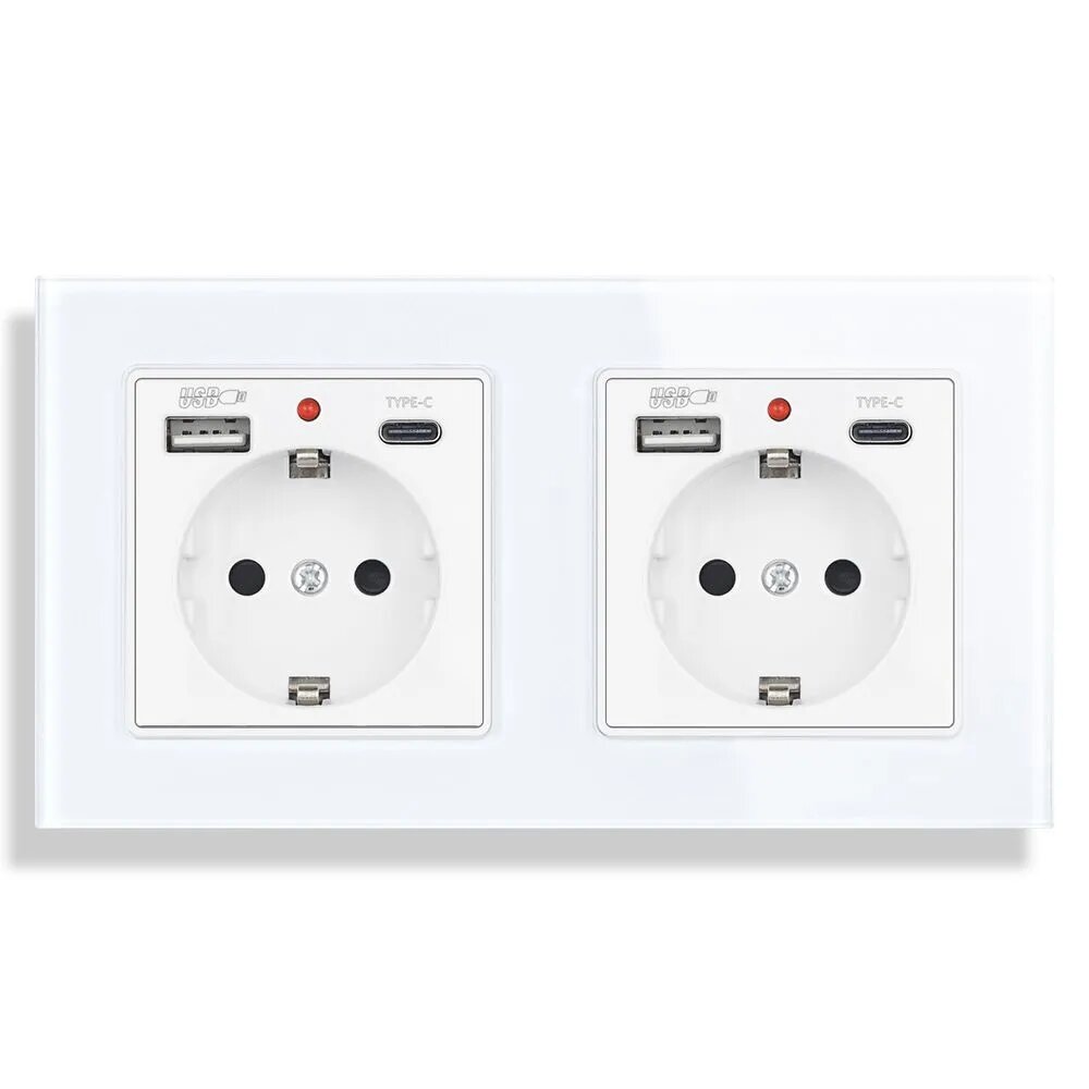 Розетка электрическая 2 поста, с Usb/Type-C АC, рамка 153х82мм стекло, цвет белое