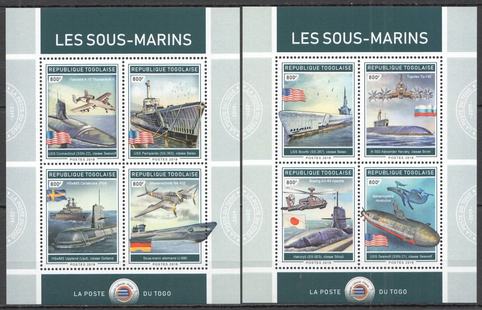 Марки 2019 год Того Подводные лодки США Россия Корабли Транспорт #6624-6631 2Kb Mnh