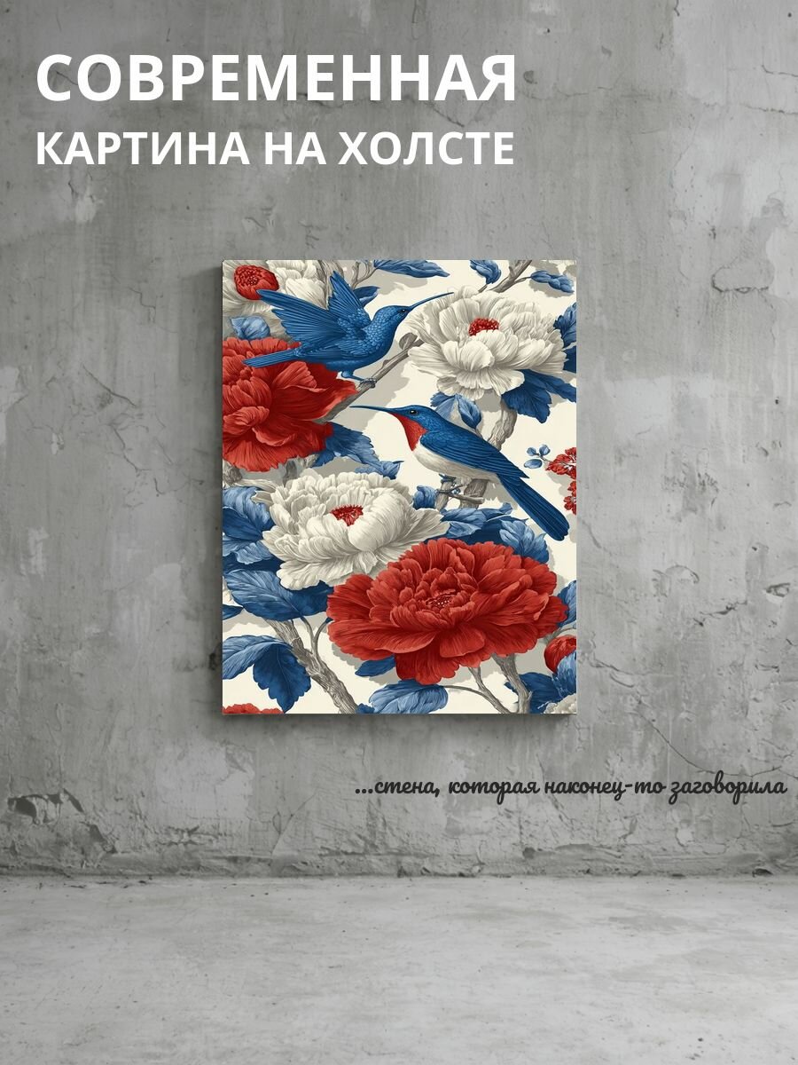 Картина на холсте Колибри и пионы 40x60 см