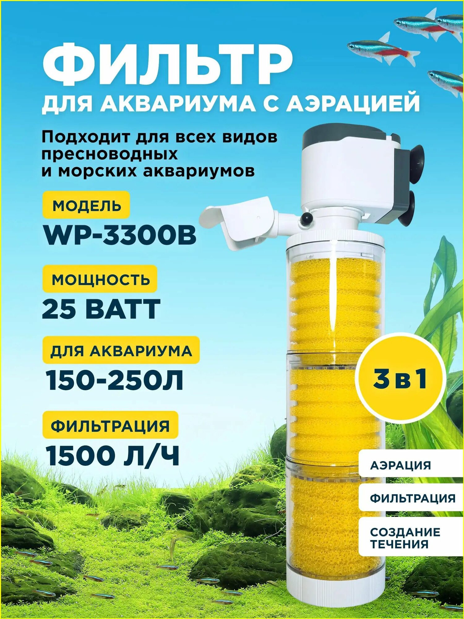 Фильтр внутренний SOBO WP-3300B, мощность 25w/ватт, для аквариума от 150 до 250л (1500 л/час) многофункциональный с аэрацией, камерный