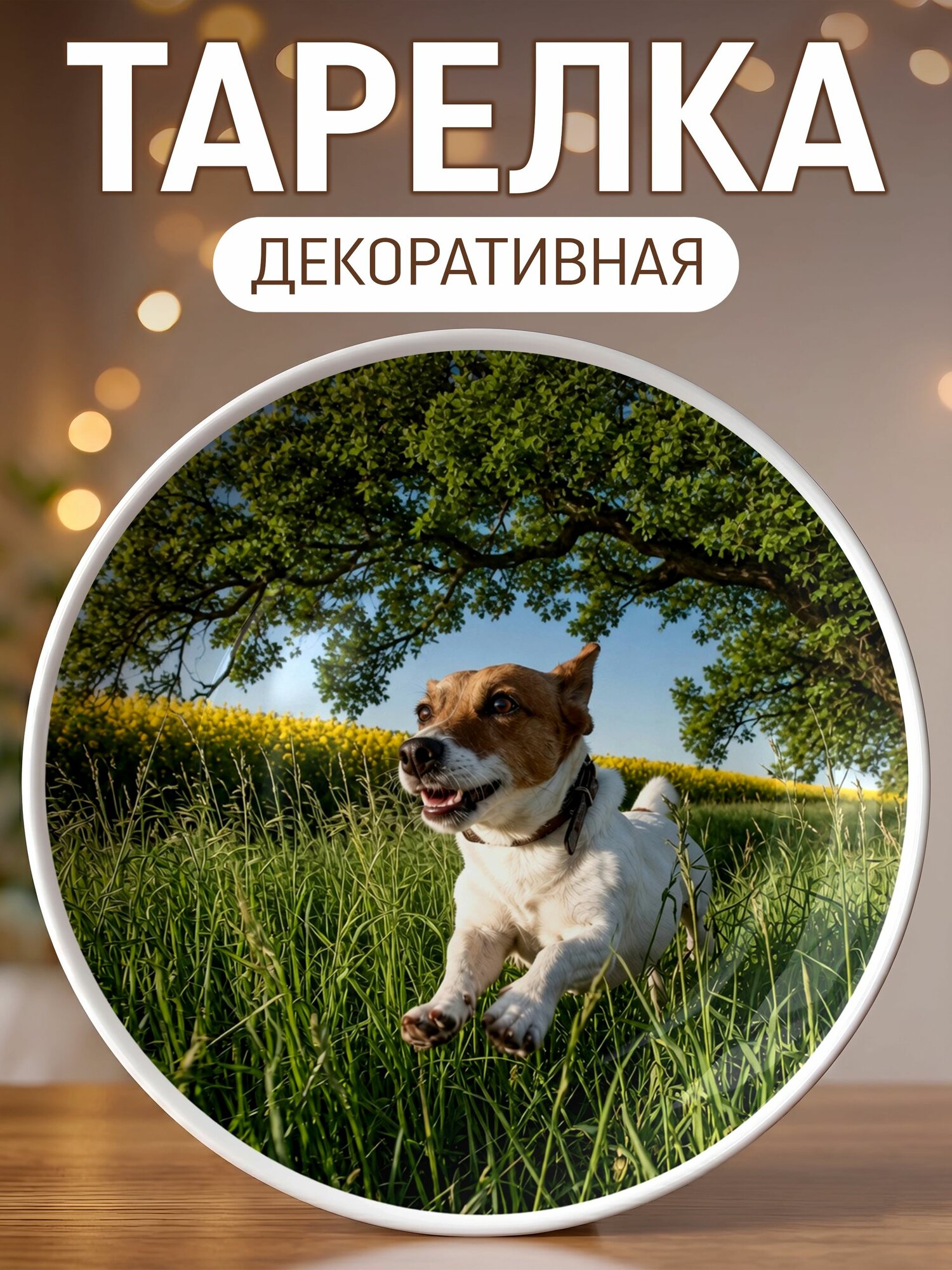 Тарелка декоративная Джек рассел в поле, керамика, с подставкой, диаметр 20 см