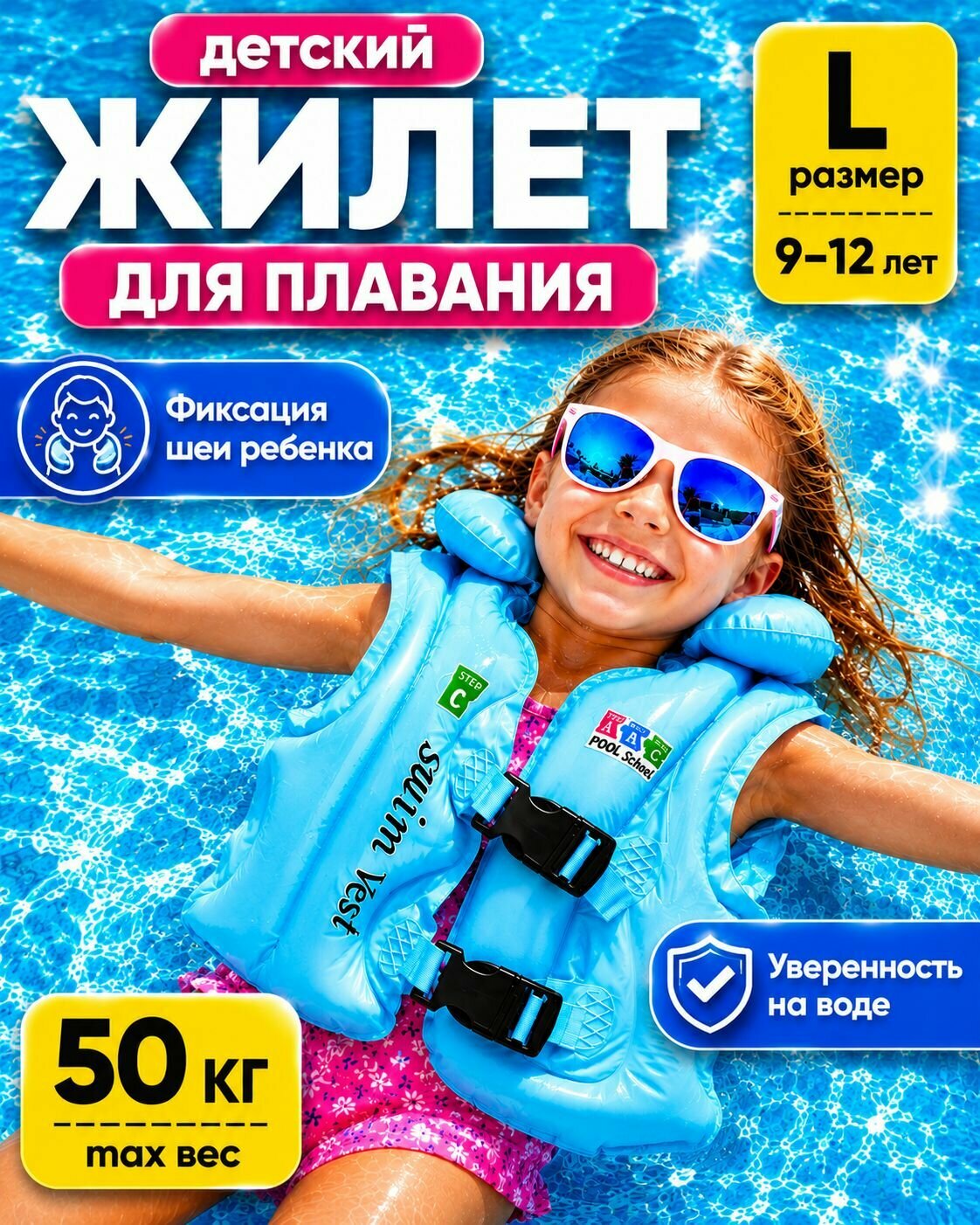 Жилет надувной детский для плавания Ж01 спасательный, размер L (А), 9-12 лет, голубой