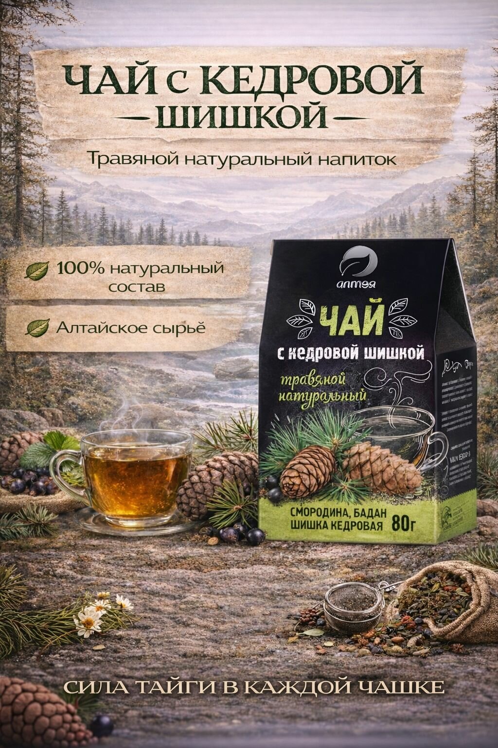 Травяной чай с кедровой шишкой, смородиной и баданом, 80 г