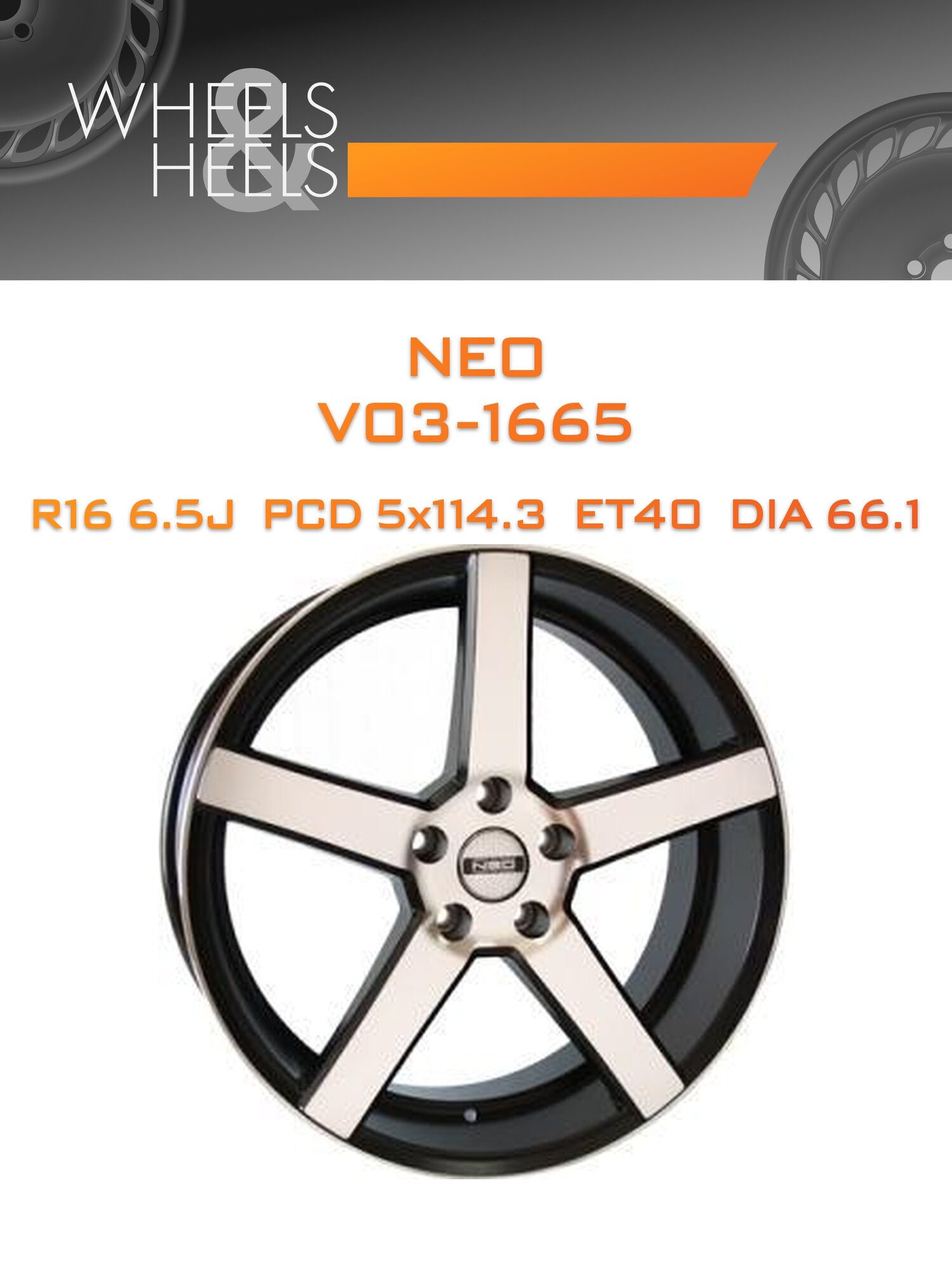 Диск автомобильный литой NEO V03-1665 16x6.5 5x114.3 et40 dia66.1 Чёрный с полированной лицевой частью