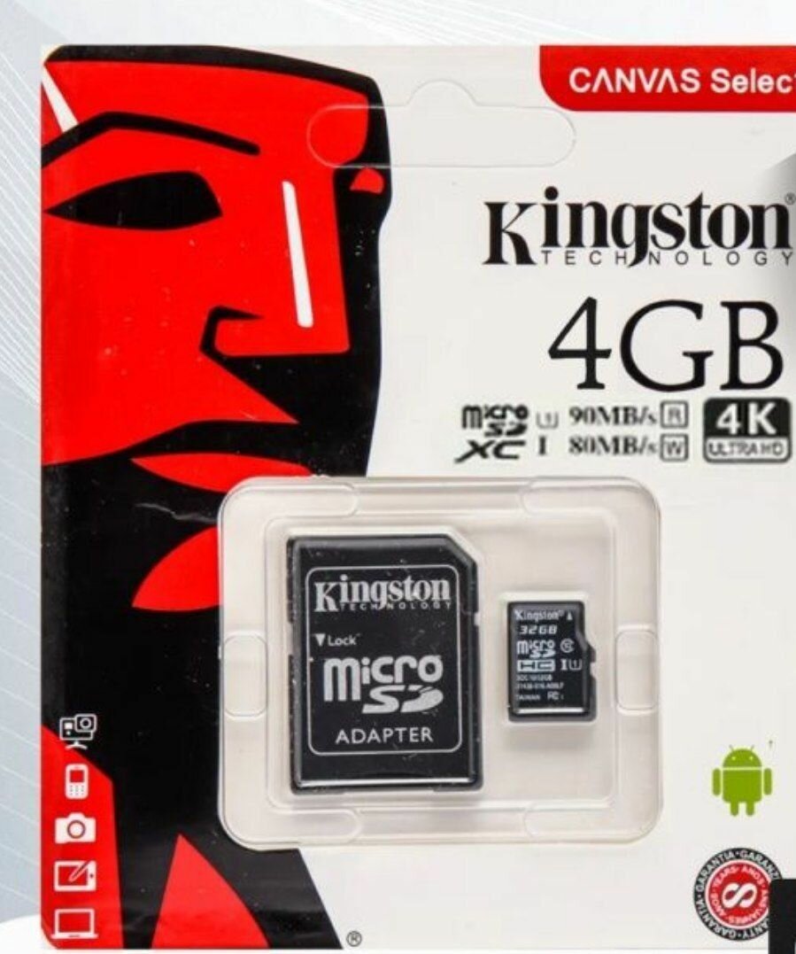 4 ГБ Карта памяти microSD, microSDXC (11mm22), Class 10, запись - 80 Мбайт/сек, чтение - 90 Мбайт/сек, Черный, карта памяти карта памяти - 1шт; адаптер SD - 1шт;