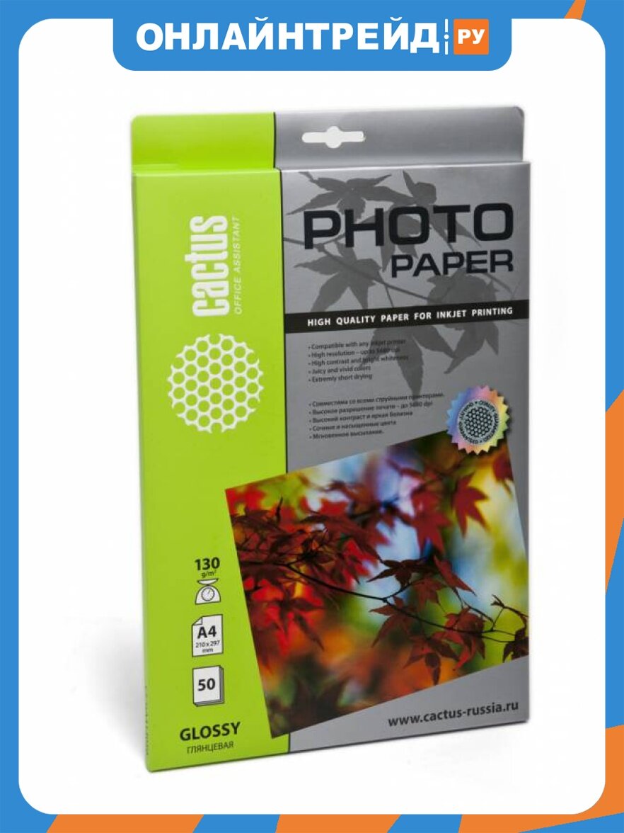 Cactus Фотобумага CS-GA413050 A4/130г/м2/50л./белый глянцевое для струйной печати