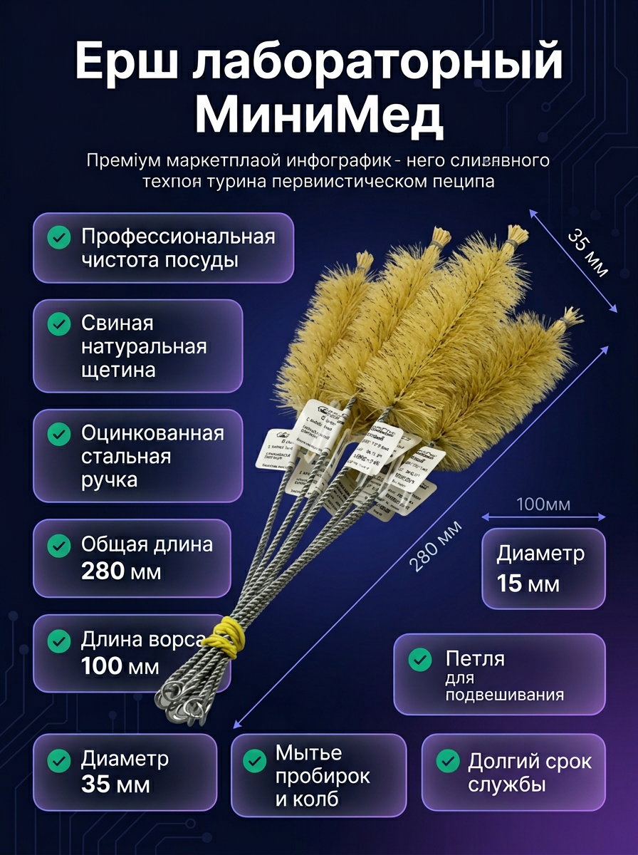 Ерш пробирочный 280х100х35 мм, натуральная щетина