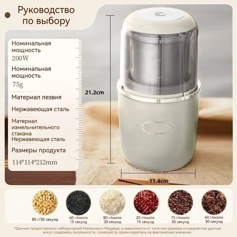 Мельница Bear MDJ-D02H1-W, 200 Вт, 75 г, материал лезвия: нержавеющая сталь, размеры: 114*114*212мм — фото 1