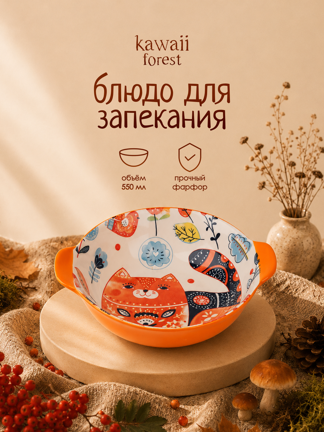 Емкость для запекания круглая фарфоровая с ручками Kawaii кот, 550 мл
