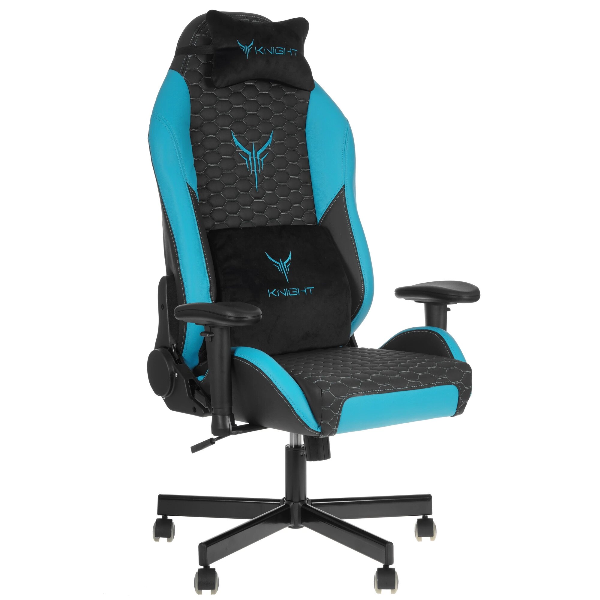 Игровое компьютерное кресло Knight Neon, нагрузка до 150 кг, подушка-подголовник, экокожа, черный/голубой