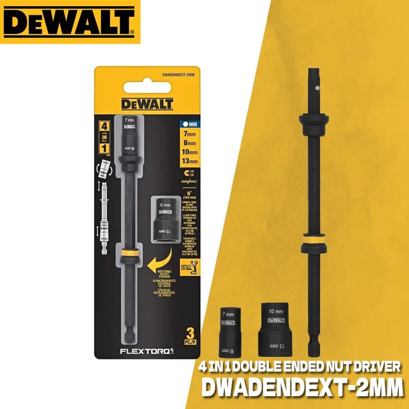 Набор магнитных насадок-гайковертов DEWALT DWADENDEXT-2MM FlexTorq 4-в-1 (7+8/10+13 мм) с удлинителем 6 дюймов