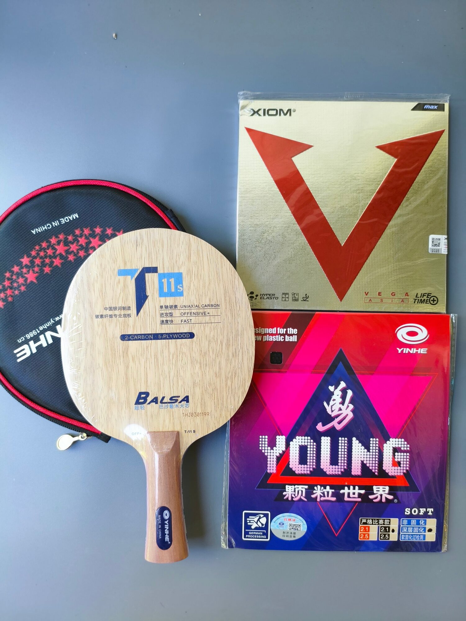 Длинные шипы + гладкая накладка. Yinhe Balsa T11s + Young + Xiom Asia