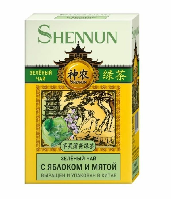 Shennun Чай зеленый, Китайский, крупнолистовой, с яблоком и мятой ,100гр