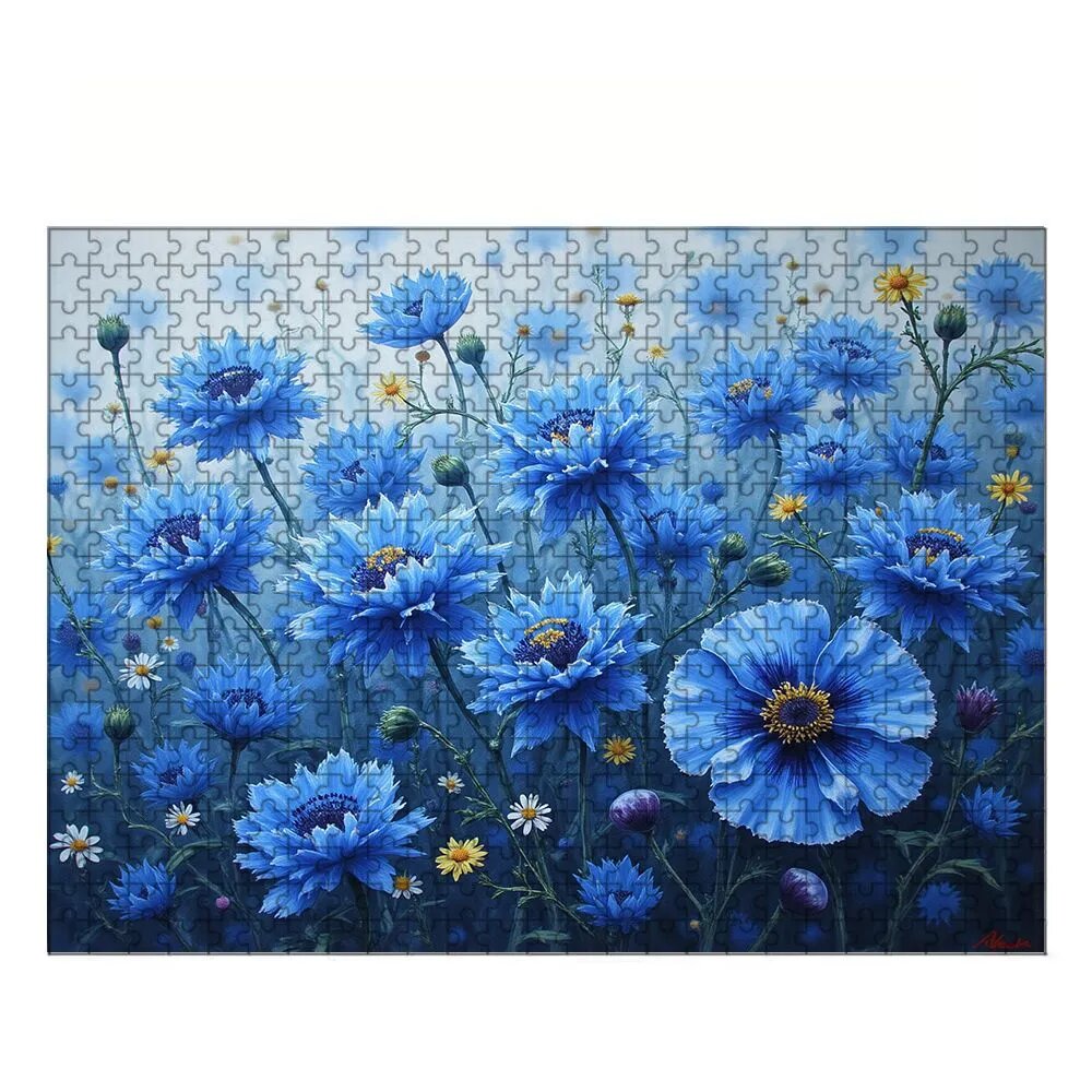 Пазлы для взрослых, 500 элементов, Пазл с рисунком Синие цветы на поле Puzzle Time, пазлы для детей