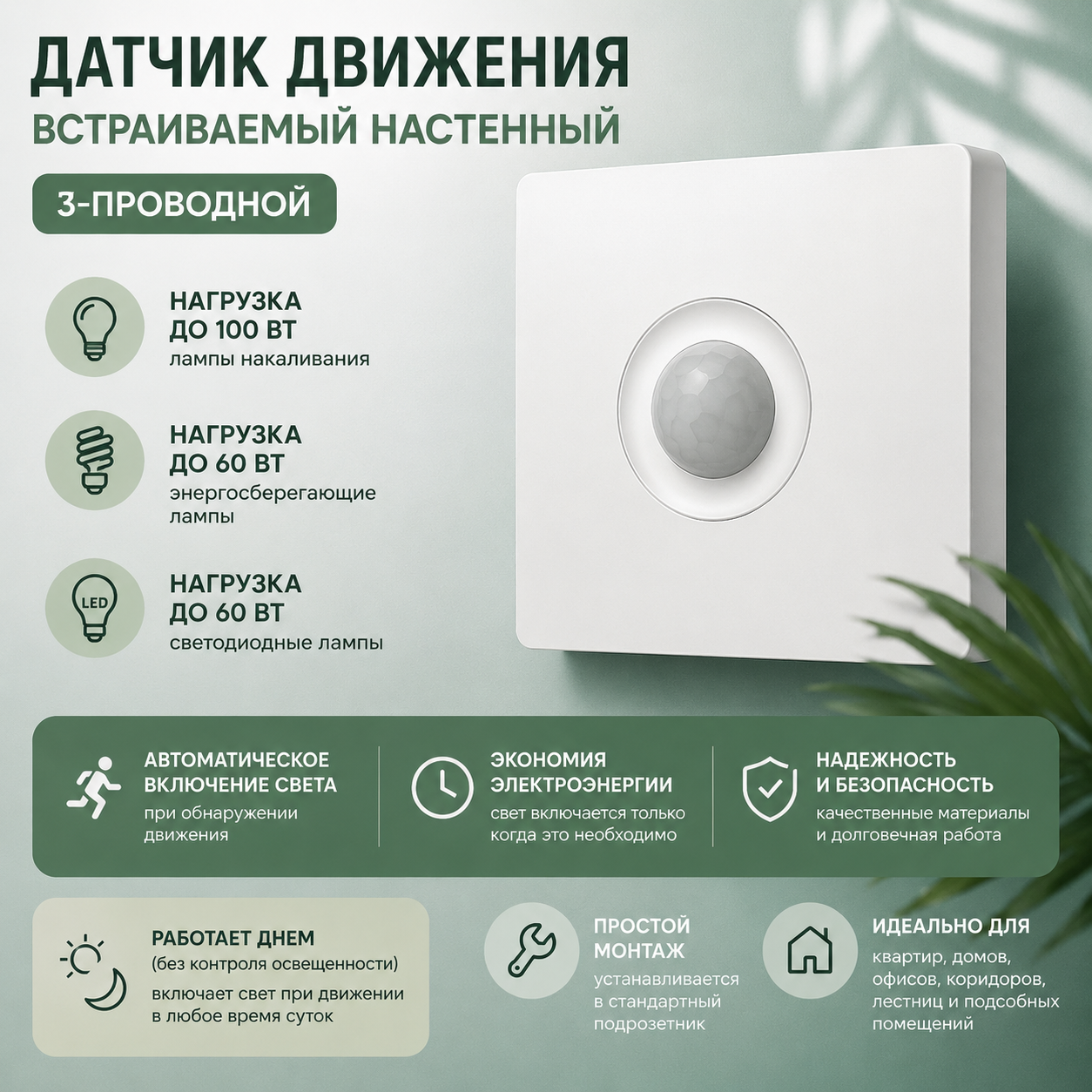 Датчик движения для включения света 220В, настенный выключатель PIR, с фотодатчиком, белый