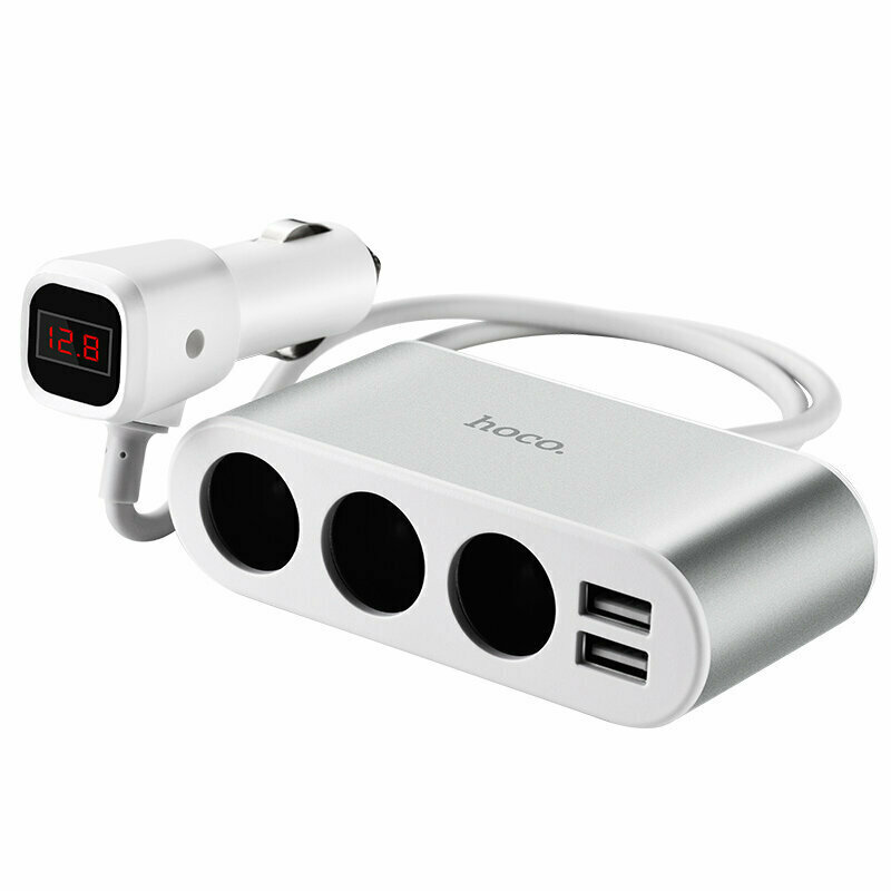 Разветвитель Hoco Z13 LCD 3 прикуривателя + 2USB 2,1A серебряный