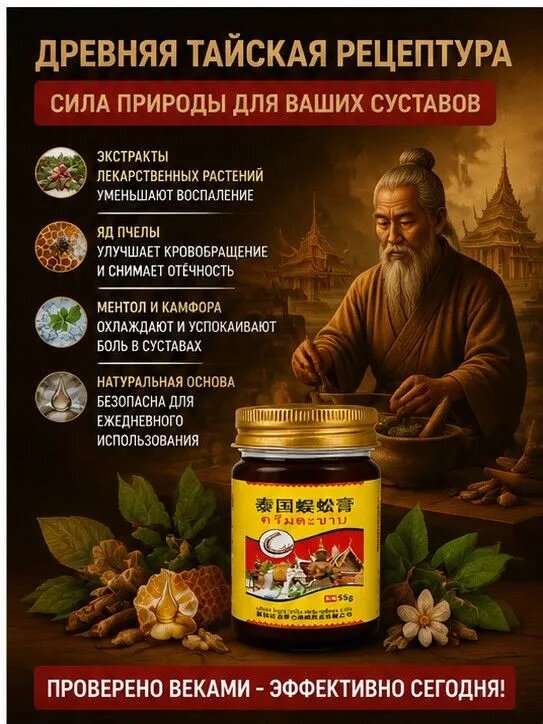 Тайский бальзам от боли в коленях 55 г натуральное средство при артрозе, синовите и скованности суставов