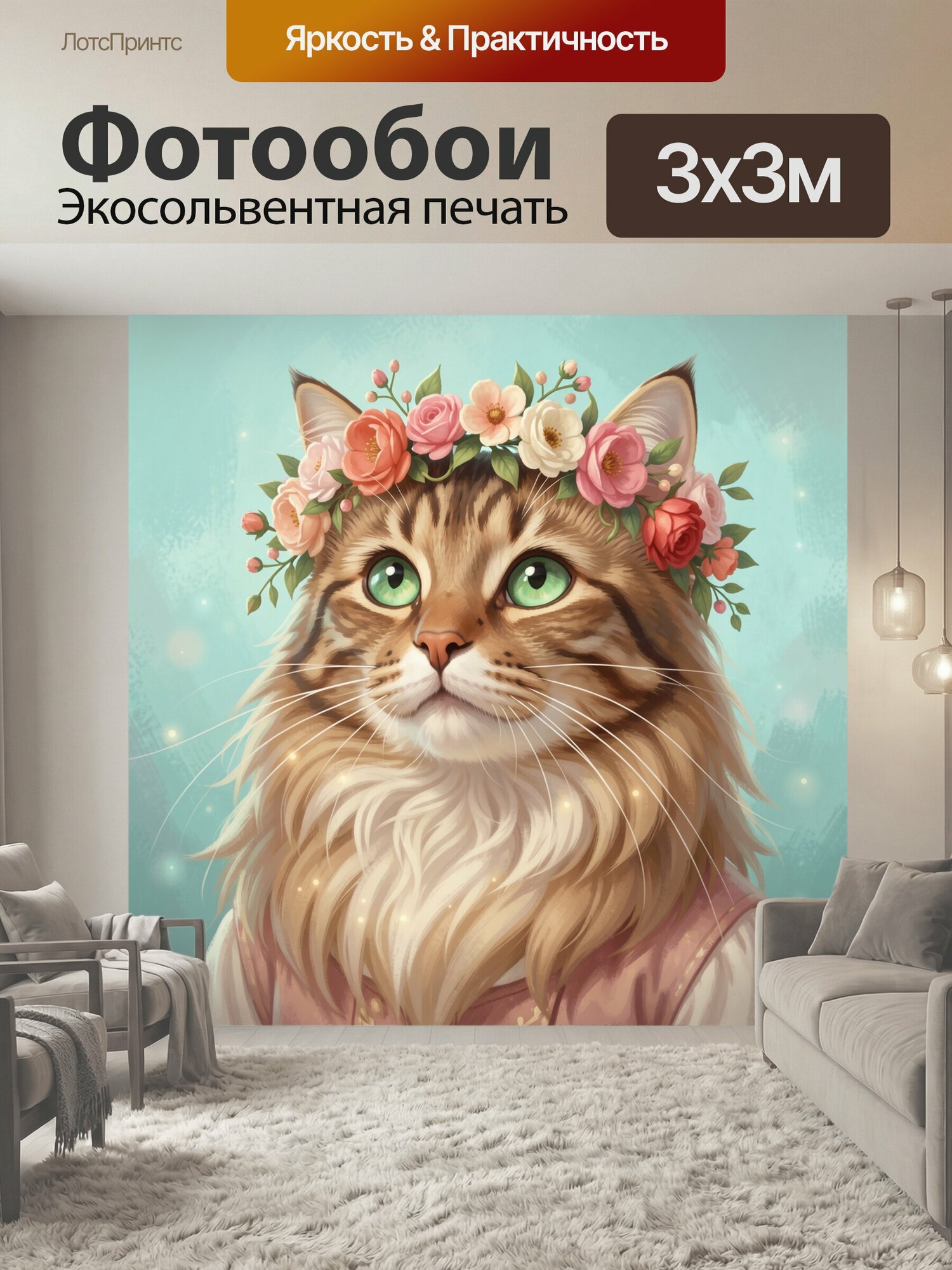Фотообои "Кот в цветочном венке. Милый пушистый питомец с большими зелёными глазами в нежных розовых и кремовых бутонах, мягкая сказочная." 300x300 см. экосольвентная печать