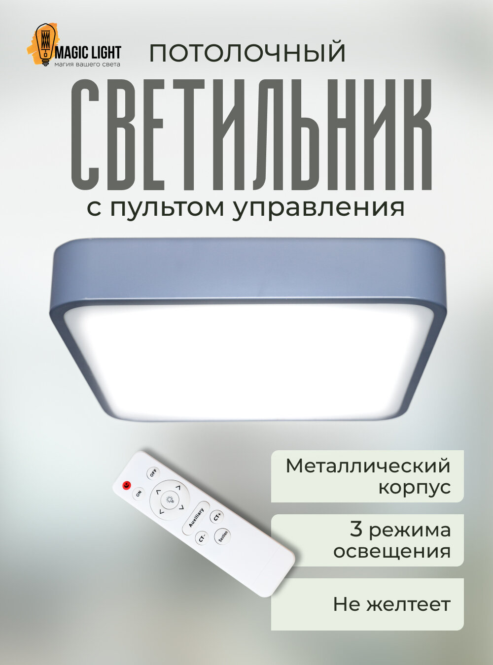 Потолочный светодиодный умный светильник серый квадратный, с пультом ду,3 режима света, диодная лофт люстра
