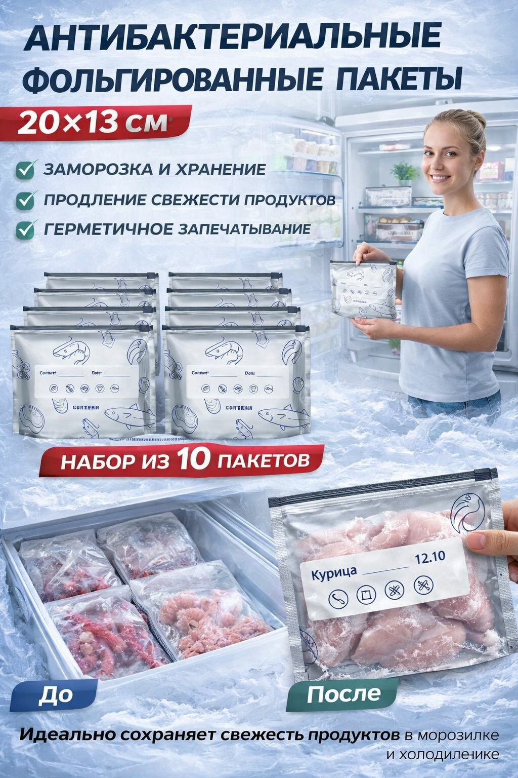 Пищевые пакеты для заморозки с застежкой слайдером набор