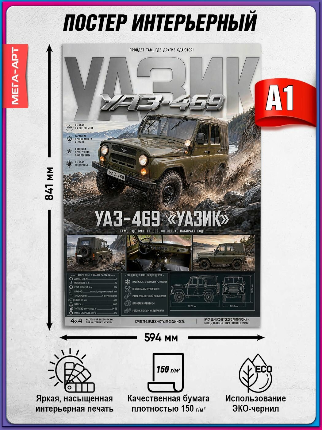 Интерьерный постер "Советский автомобиль" УАЗ-469 / Уазик / А1 (60х84 см.)