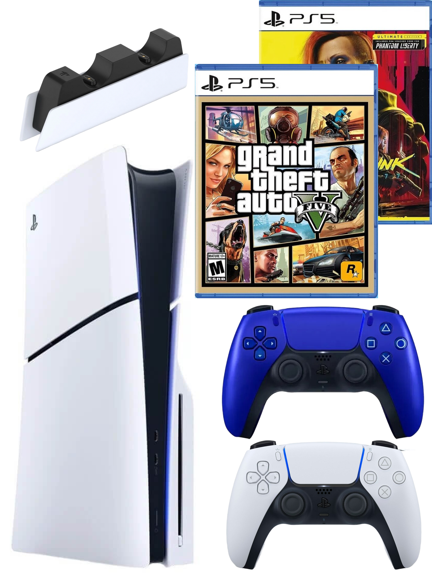 Игровая приставка Sony PS 5 Slim, 1ТБ(с дисководом)+2 геймпад+Зарядная станция+2 игры (GTA5 , Cyberpunk 2077)
