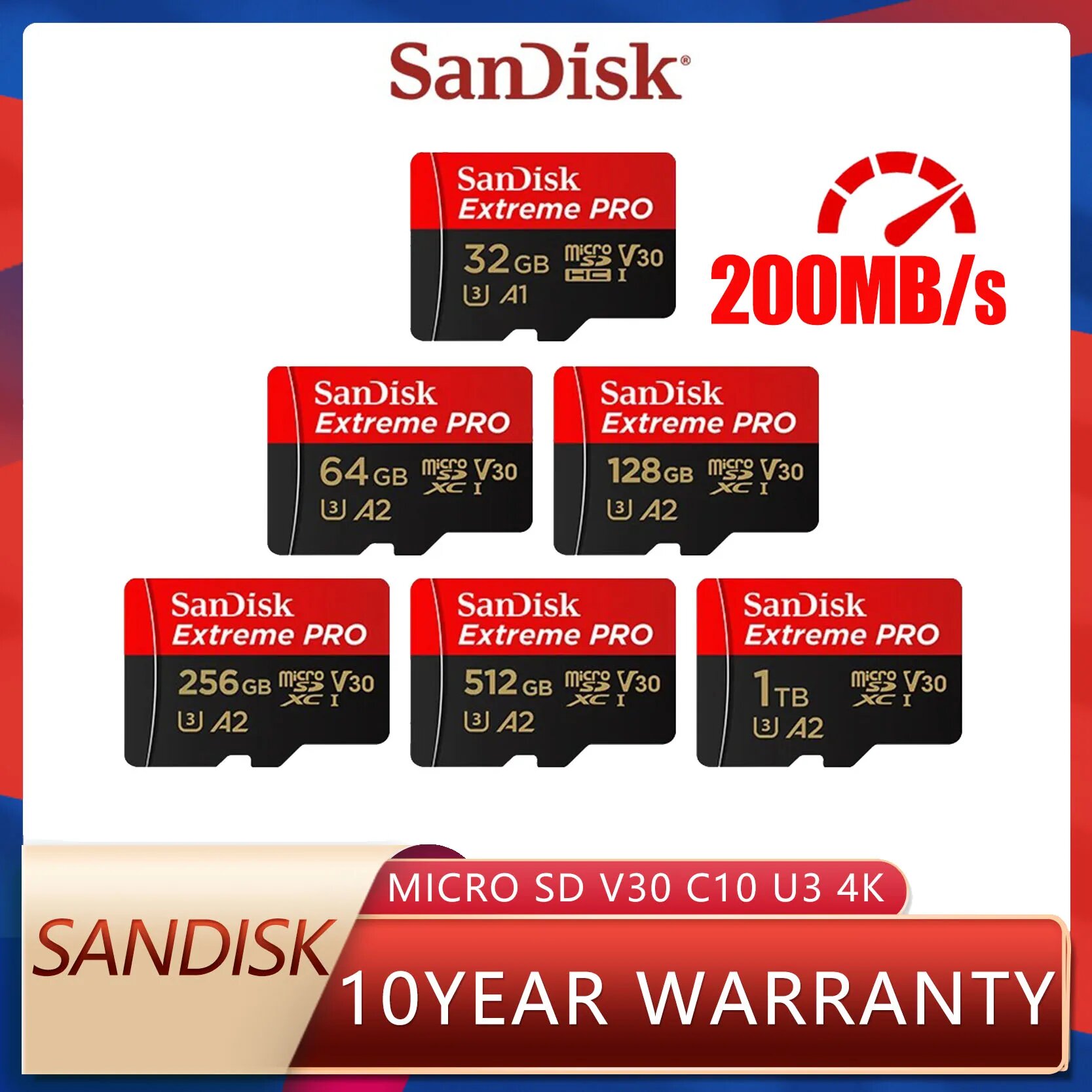 SanDisk Extreme Pro Micro SD карта памяти 32/64/128/256/512 ГБ для планшетов 64GB 200MBS