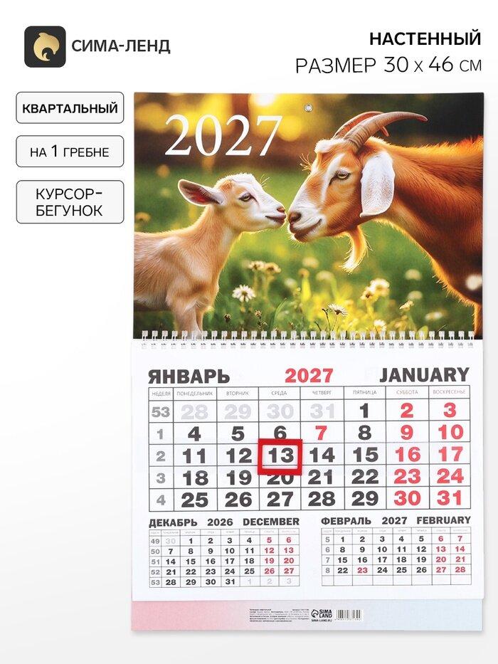 Календарь 2027, квартальный моно «Два козла» 30×46 см