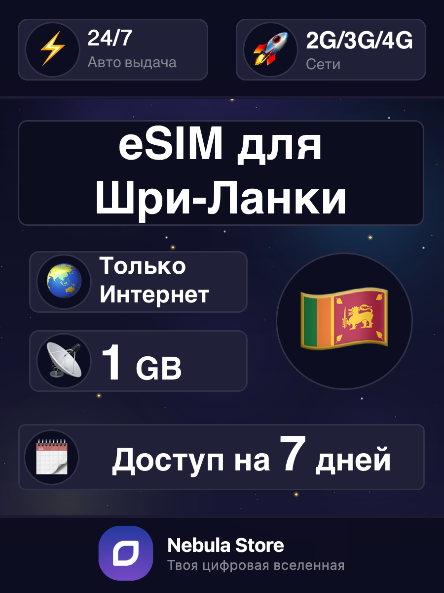 ESIM Шри-Ланка | Интернет | 1 ГБ на 7 дней | 4G | Для телефона и планшета - автовыдача 24/7