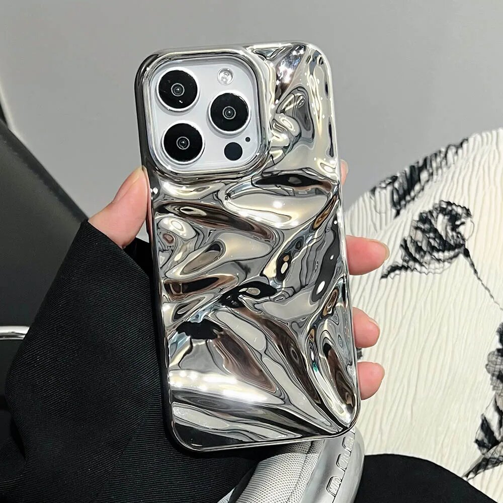 Гальванический серебристый 3D чехол для телефона с морщинами для iphone 17 16 15 14 13 11 12 Pro Max 17Air Purple Water Ripple Soft Cover