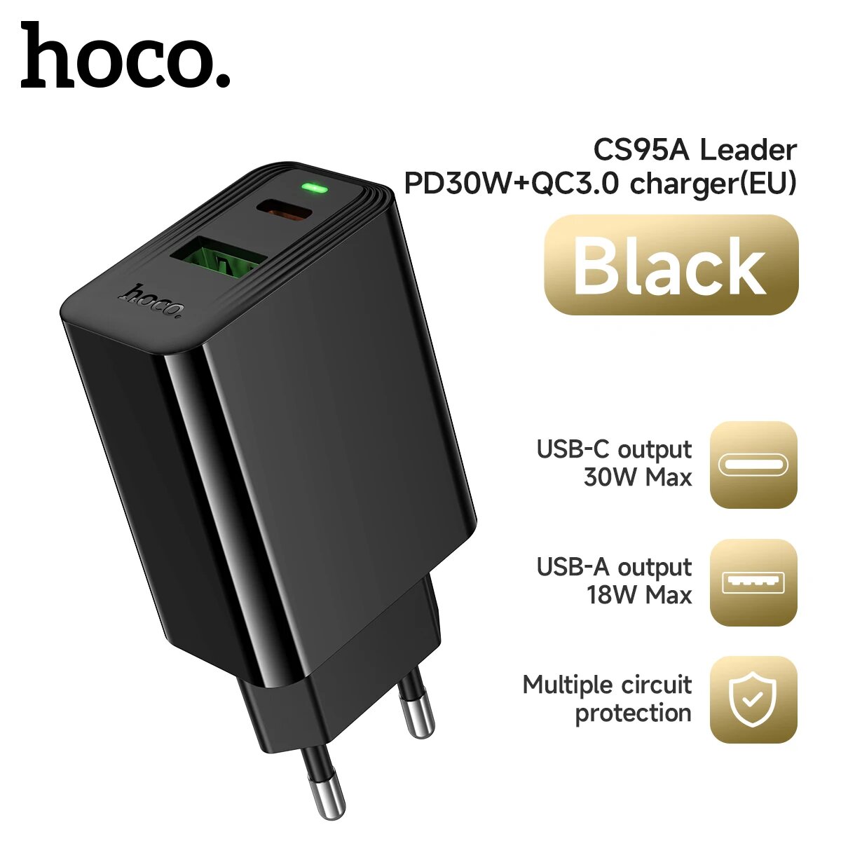 HOCO EU Plug GaN PD30W Быстрая зарядка телефона Зарядное устройство для iPhone 17 16 Only EU Black