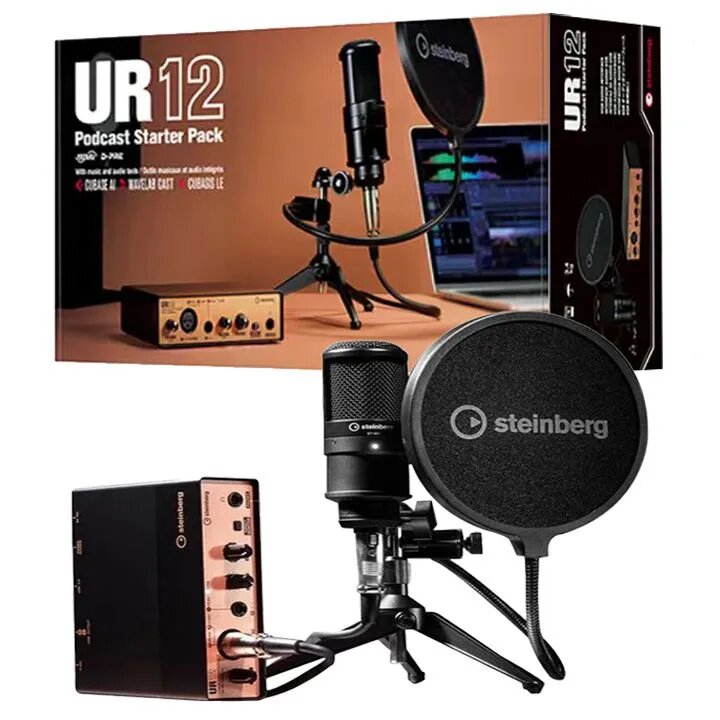 YAMAHA Steinberg UR12 Podcast Starter Pack Комплект для звукозаписи , Аудиоинтерфейс профессиональный 24 бита/192 кГц, 2 входа и 2 выхода
