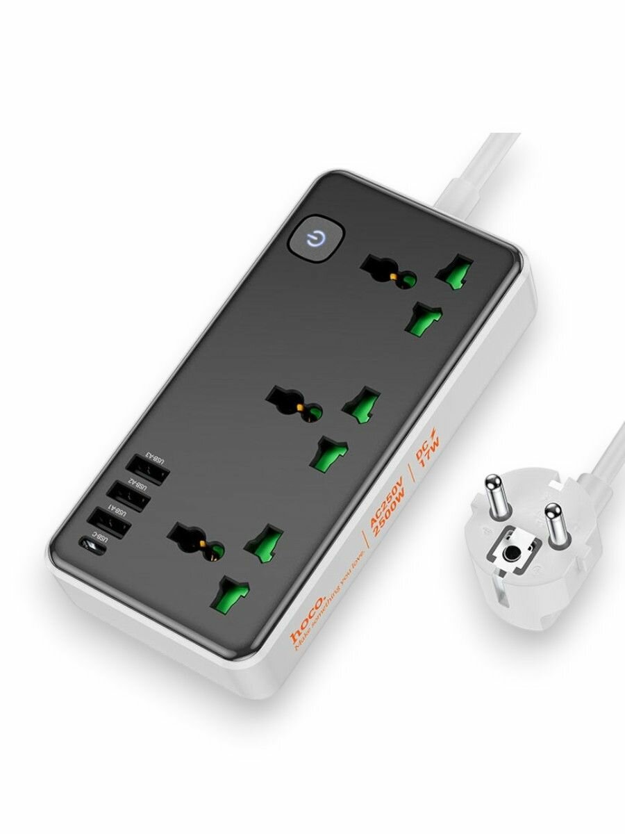 Hoco сетевой фильтр 1.5 м (AC7A) 3 розетки, 1 Type-C, 3 USB-A, DC 17W, черный
