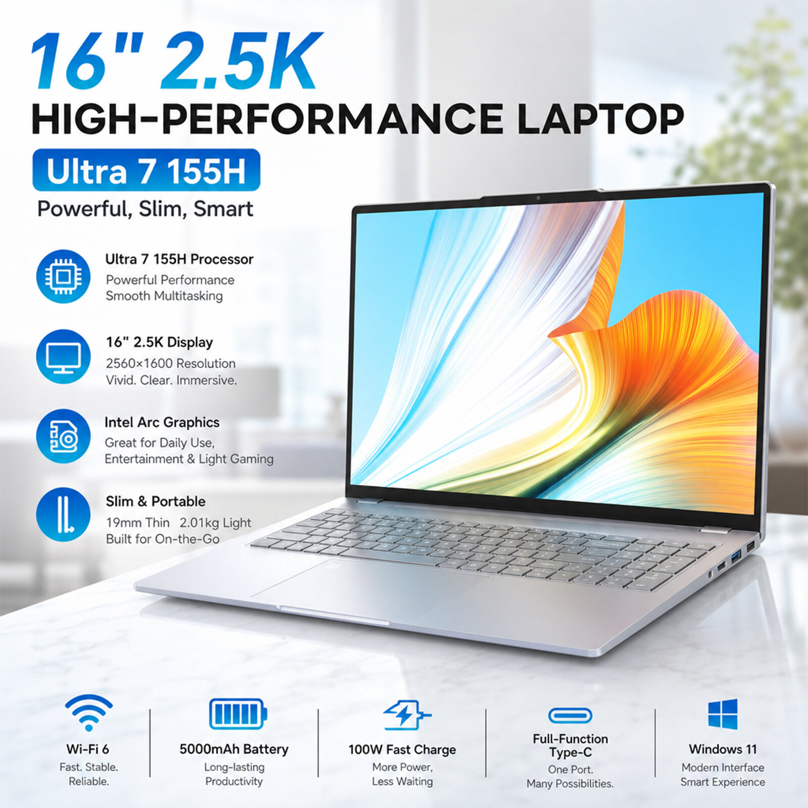 16-дюймовый ноутбук с Intel Ultra 7 155H, Arc Graphics, экран 2560x1600, Wi-Fi 6, Bluetooth 5.2, зарядка 100W и портами