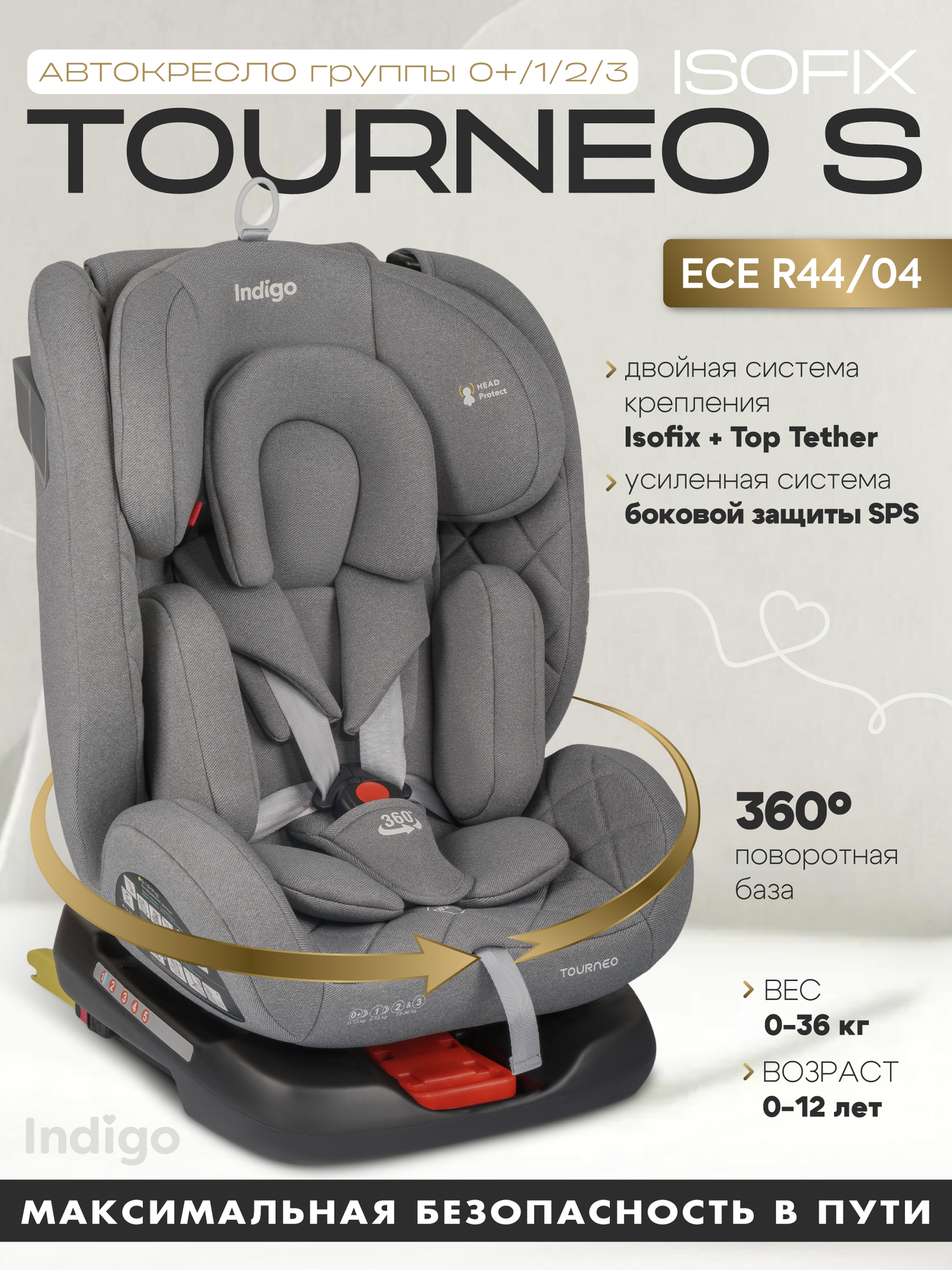 Детское автокресло Indigo Tourneo S Isofix, группа 0/1/2/3 (до 36 кг), до 12 лет, серый