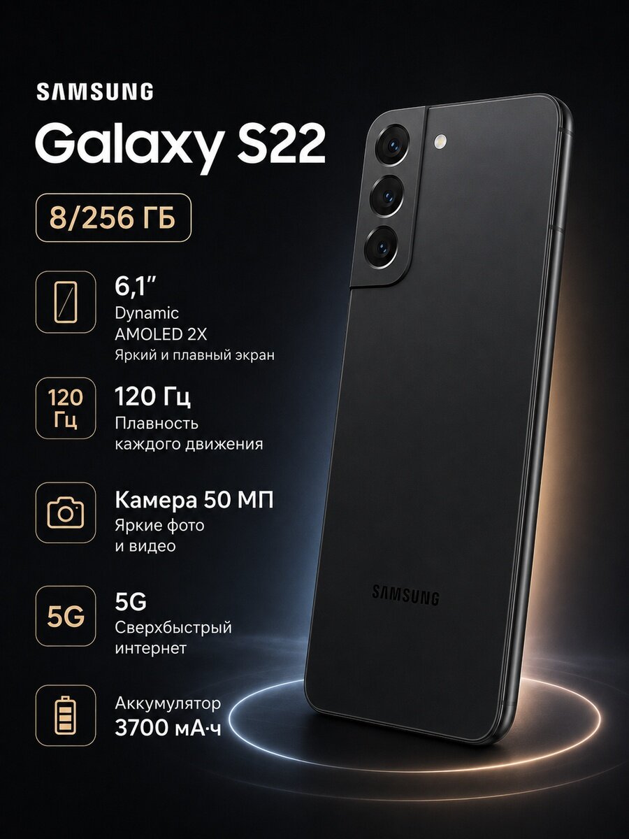 Смартфон Samsung Galaxy S22 5G 8/256 ГБ, черный, флагман с AMOLED 120 Гц