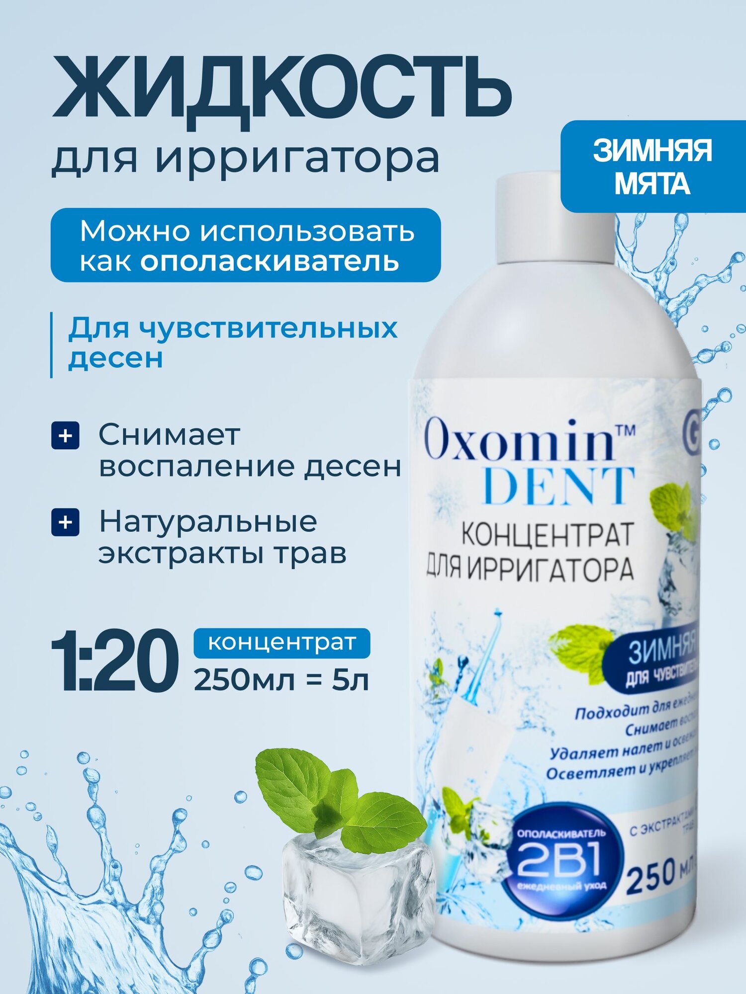 Oxomin DENT Жидкость для ирригатора для чувствительных десен, 250 мл, Раствор концентрат, Ополаскиватель для рта, Зимняя мята
