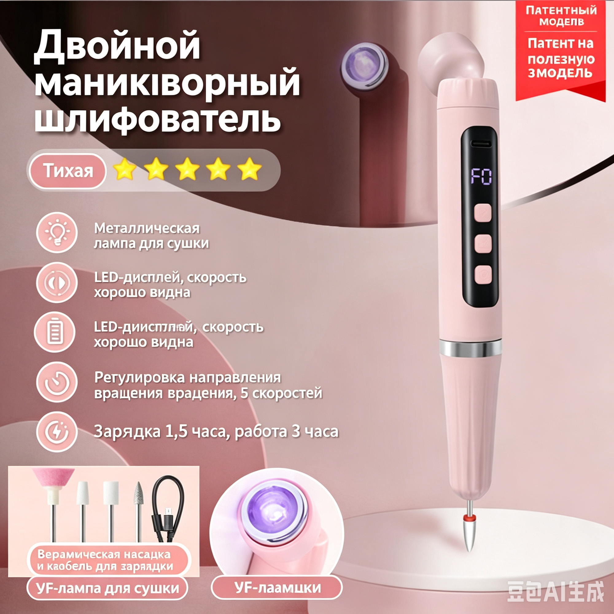 Профессиональный аппарат для маникюра и педикюра, беспроводной, портативный, розовый