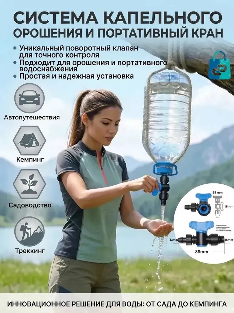 Компактный универсальный рукомойник: кран-насадка на бутылку с водой 0.5-5л, туристический рукомойник-кран для дачи