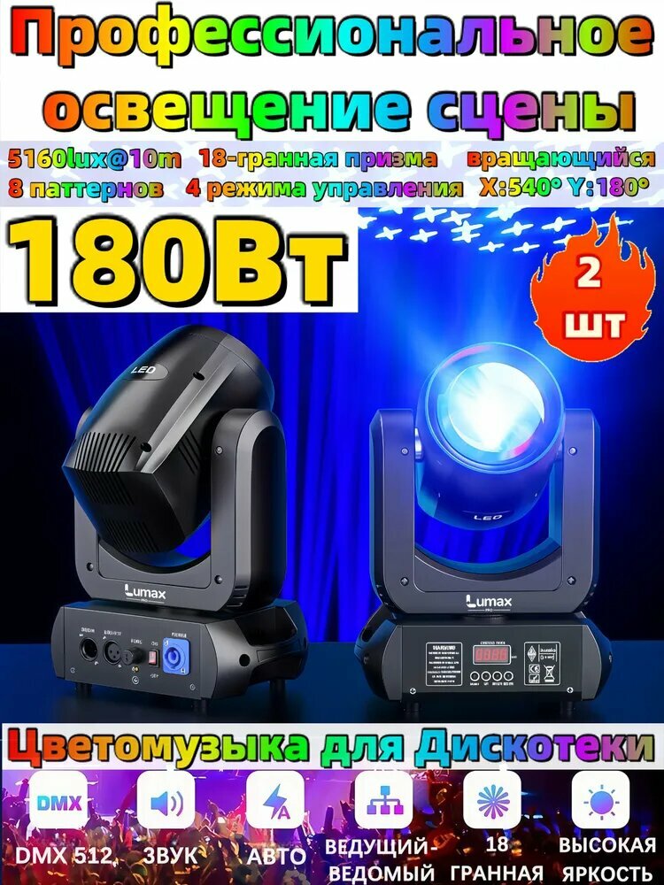 180Вт Профессиональный LED светильник с 18-призменным эффектом и DMX-512, мощность 180W для сцены, шоу, вечеринки, 2 шт