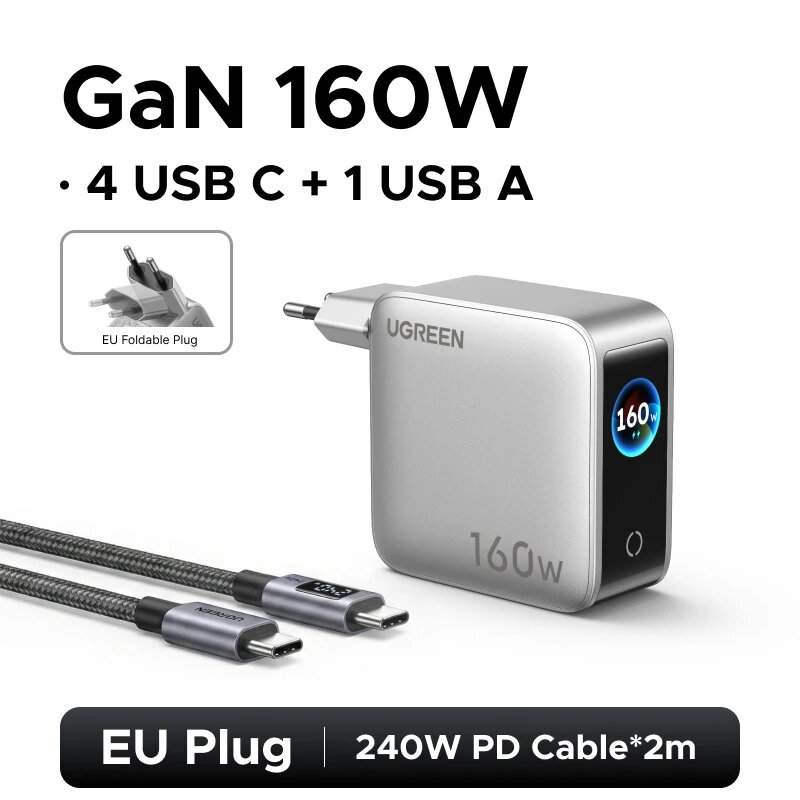 Зарядное устройство UGREEN 160W GaN с интеллектуальным дисплеем, AVS PD 3.1 140W, EU Add SmartCable